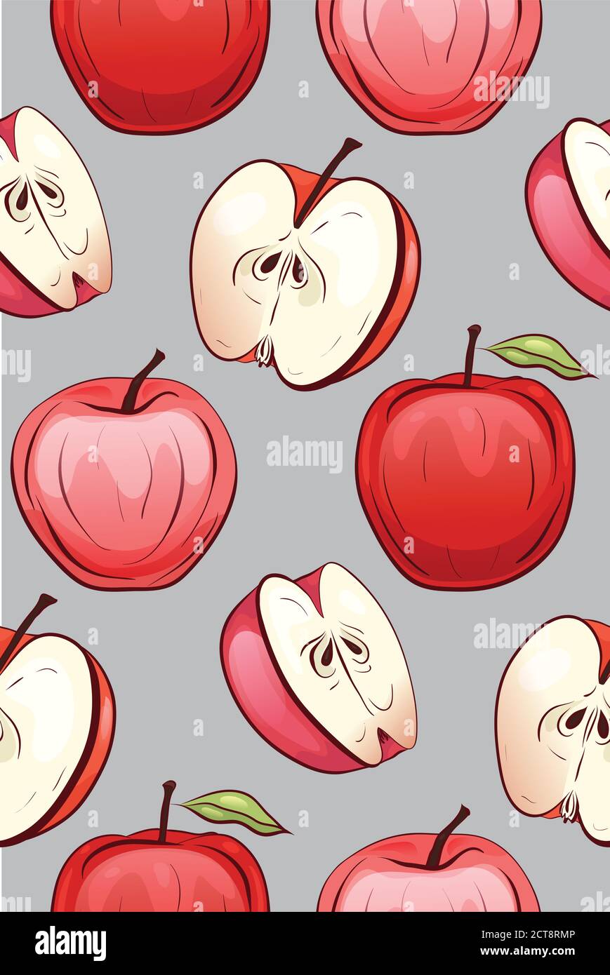 Seamless texture of cartoon red apples of different shapes on grey ...