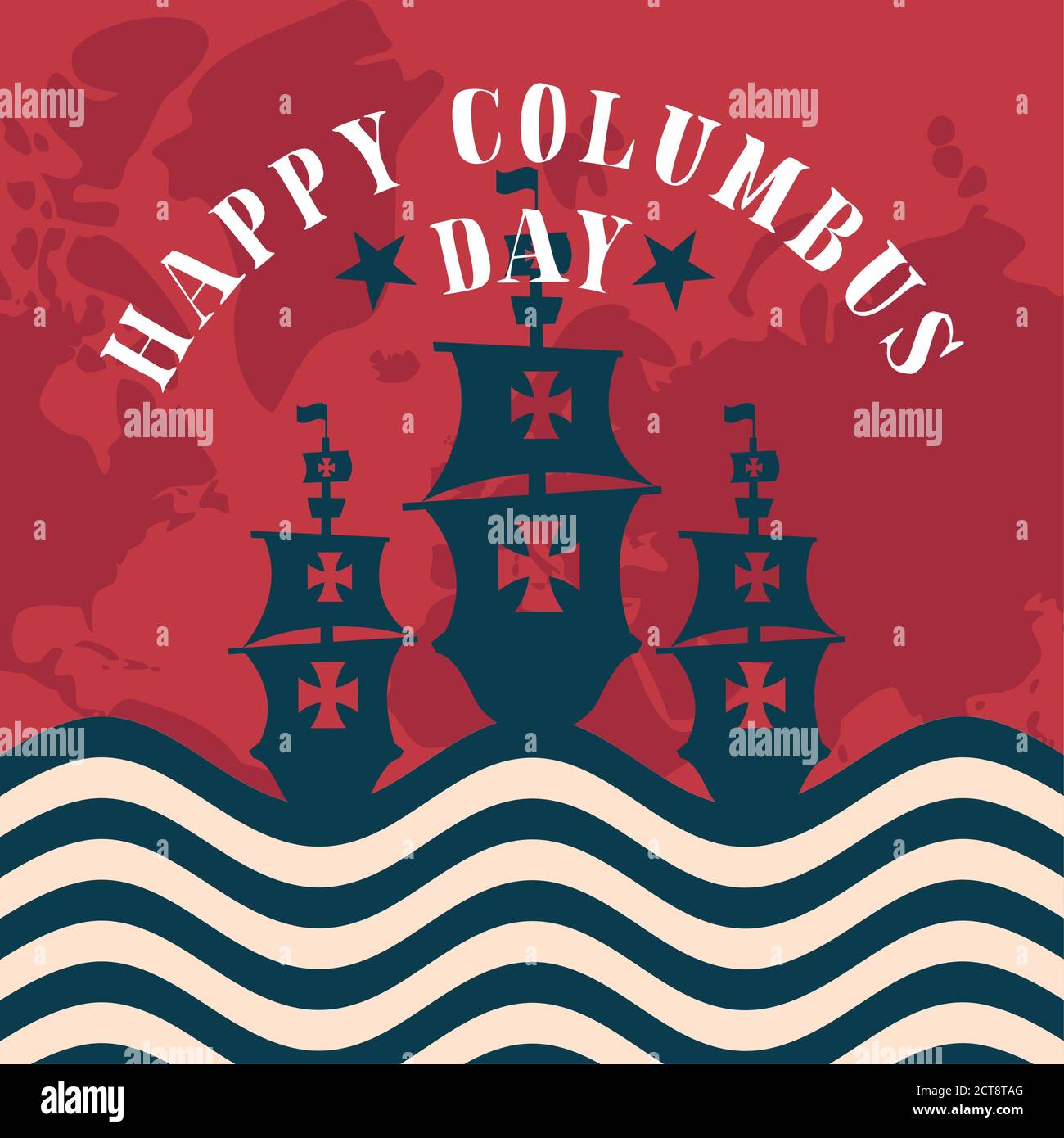 Columbus ships on usa flag with map design of happy columbus day ...