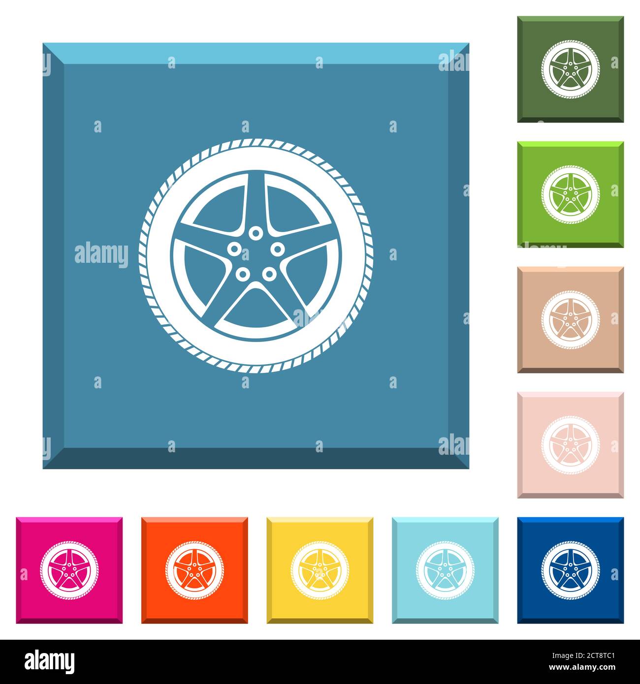 Car wheel white icons on edged square buttons in various trendy colors ...