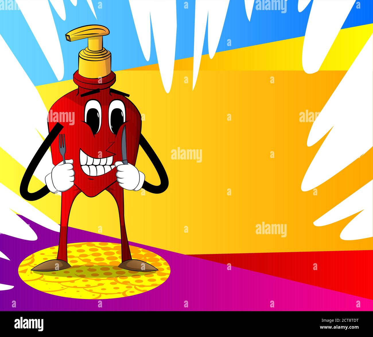 Cartoon bottle of hand sanitizer gel for hygiene with face holding up a ...