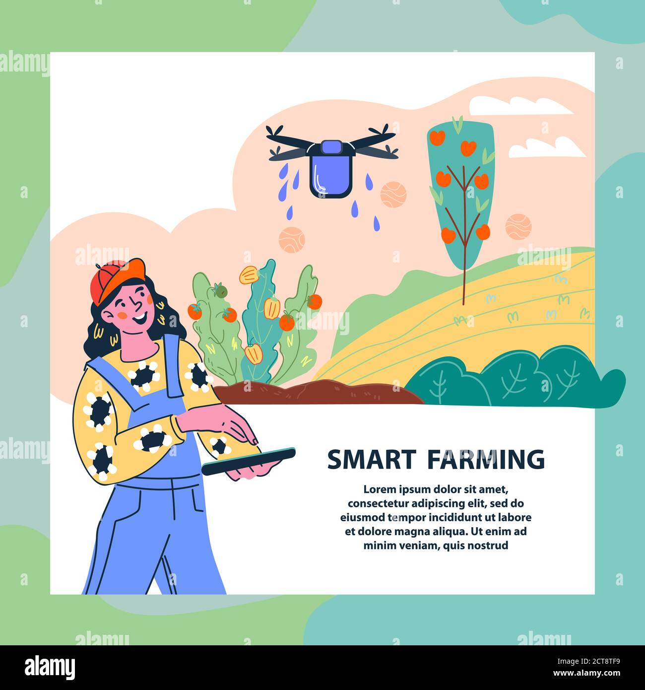 Smart farming banner template with woman farmer holding controller and ...
