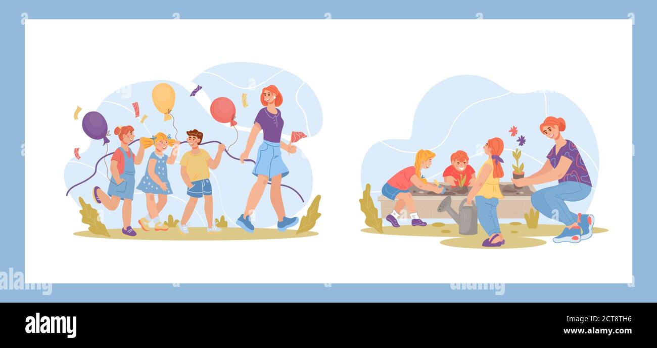 Set of kindergarten outdoor activity scenes with children and teachers ...