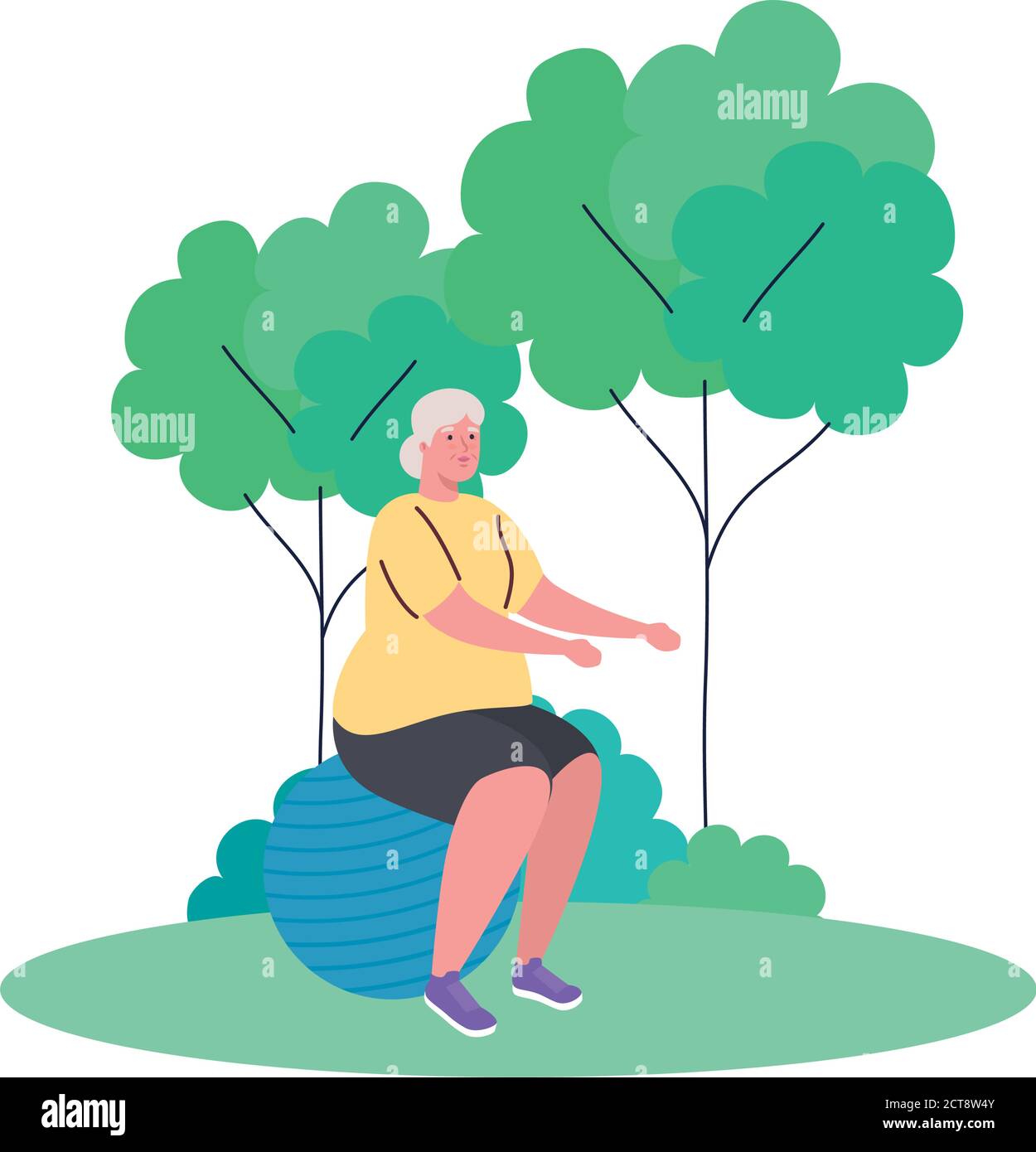 old woman practicing exercise with ball plastic outdoor, sport exercise ...