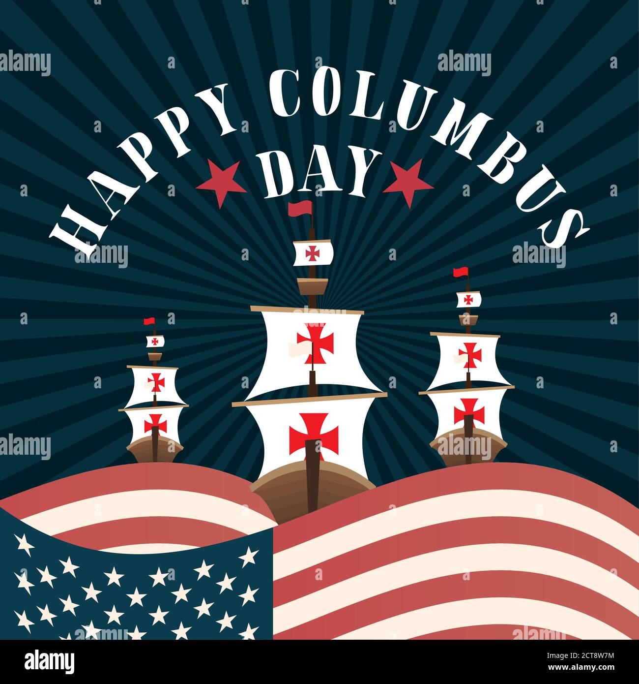 Columbus ships on usa flag in front od striped background design of ...