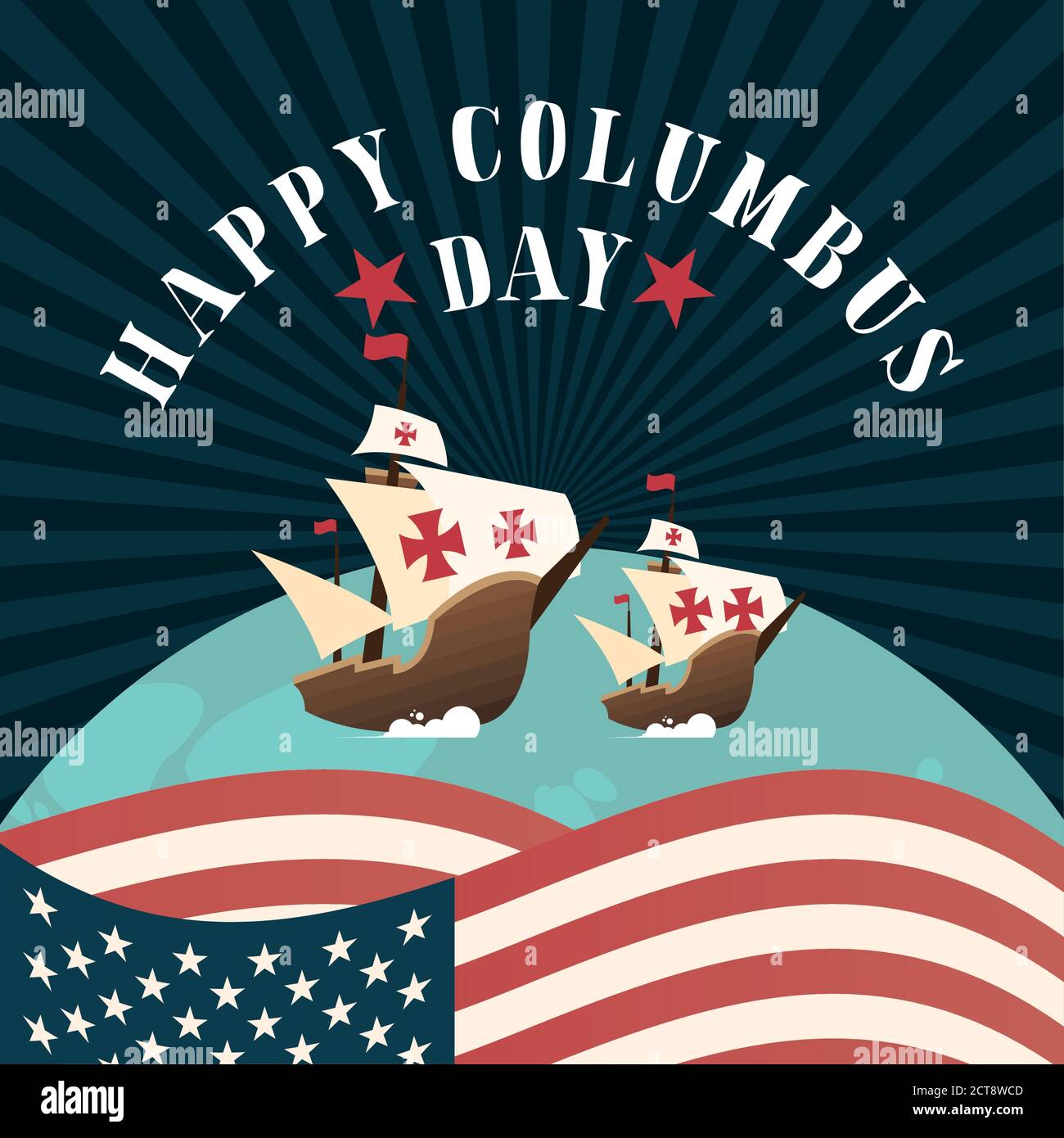 Columbus ships on world and usa flag design of happy columbus day ...