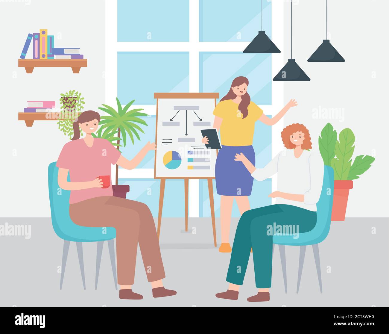 coworking, team female employees report board business in office vector ...