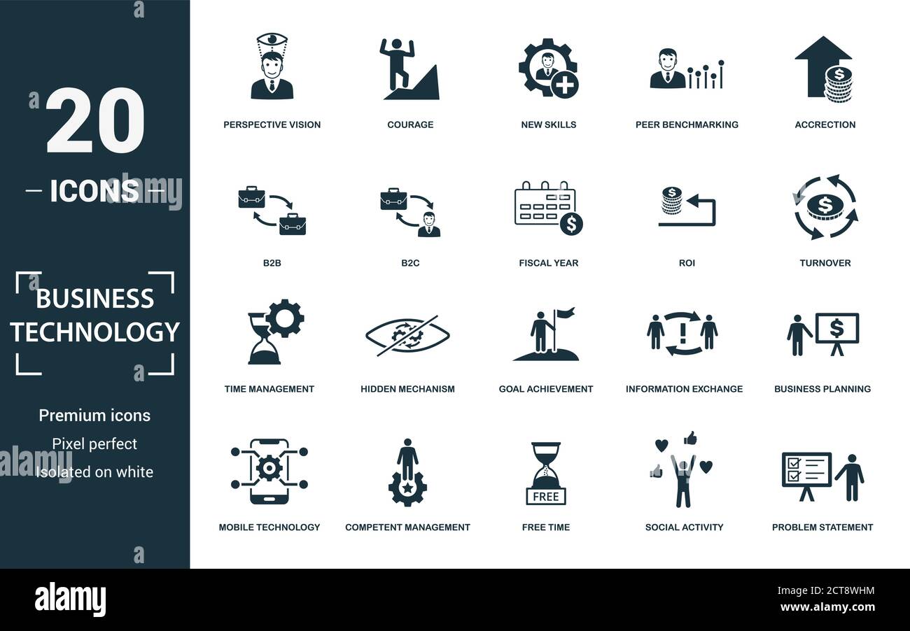 Business Technology icon set. Monochrome sign collection with time ...