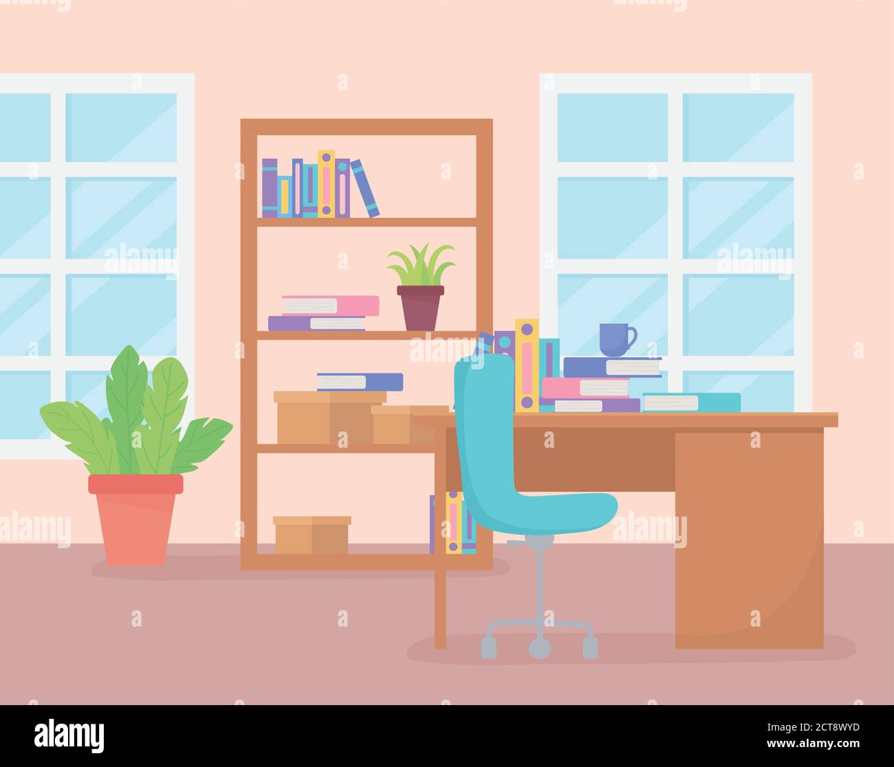 office workplace bookcase books plant desk chair coffee cup and windows ...