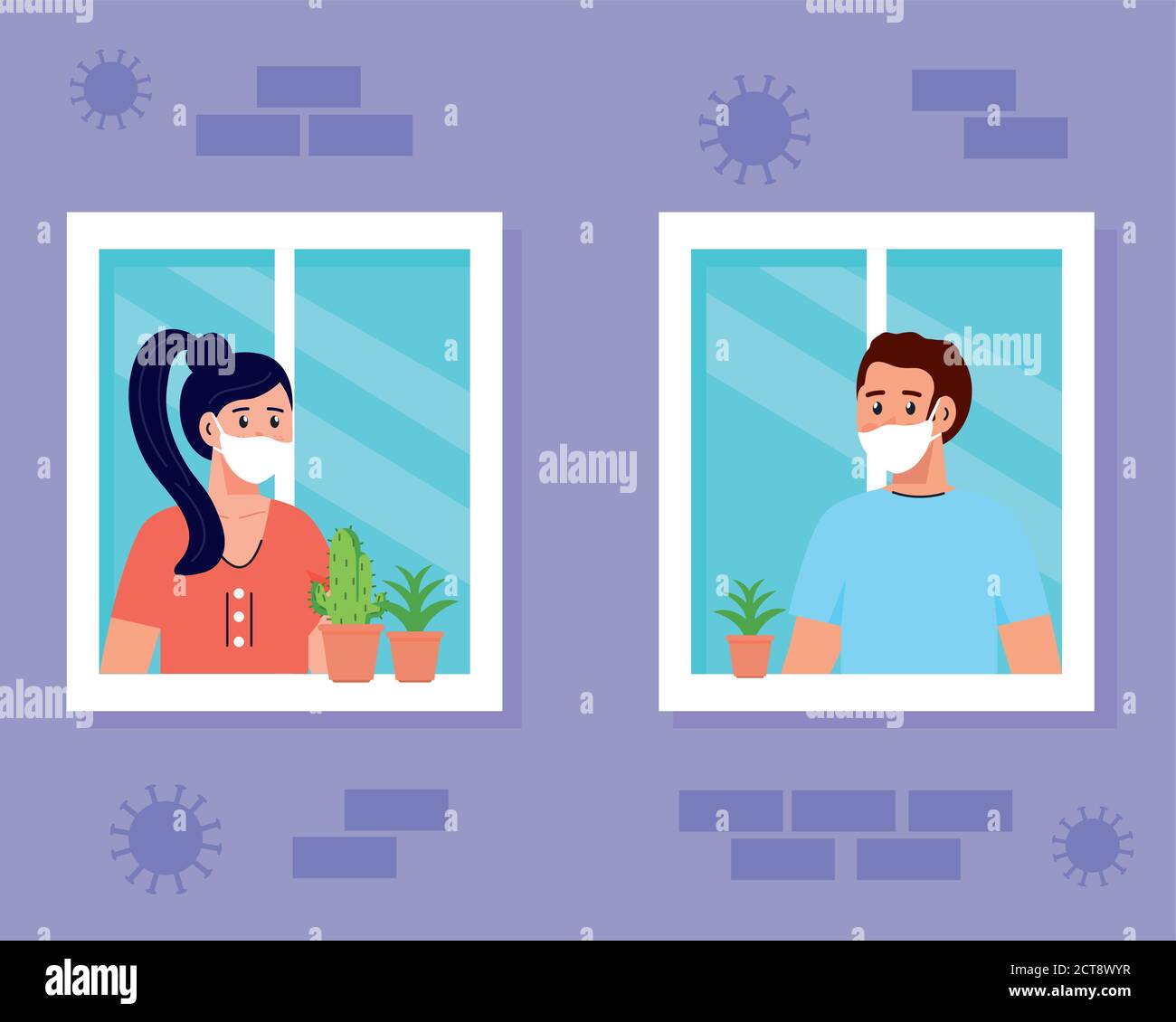 stay home, quarantine or self isolation,house facade with windows and ...