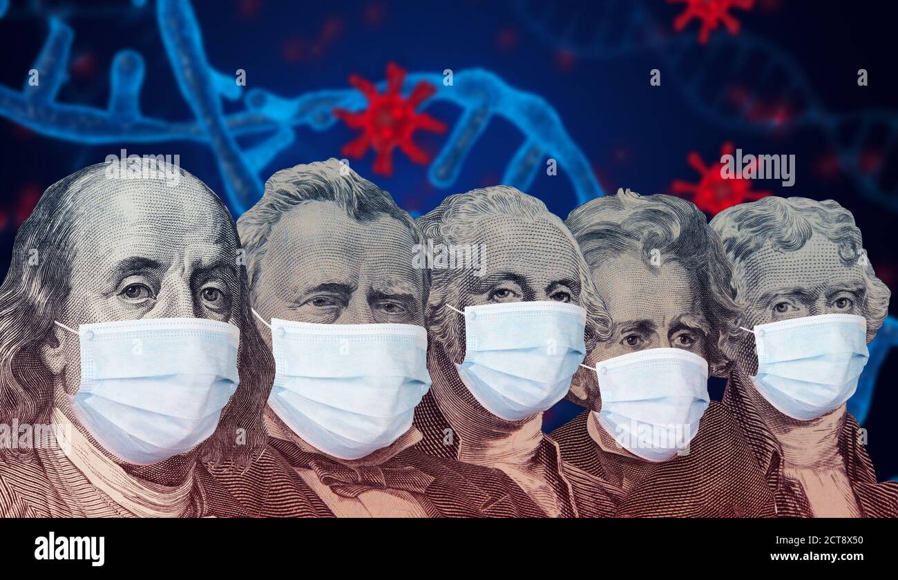 Different american presidents from dollar banknotes with a face masks ...