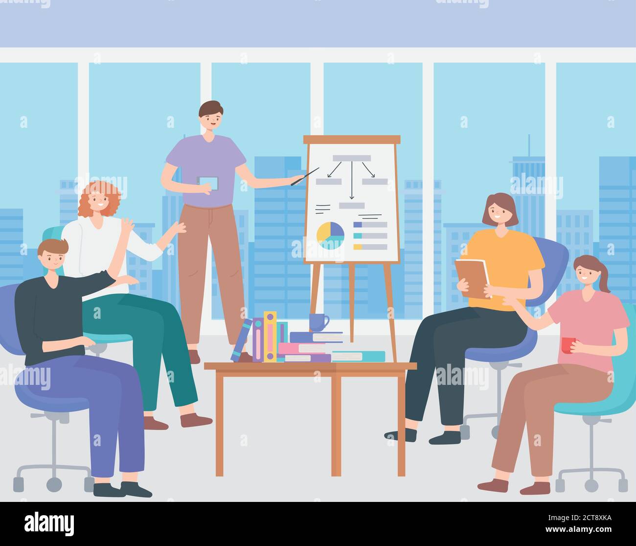 coworking, group people working together in office vector illustration ...