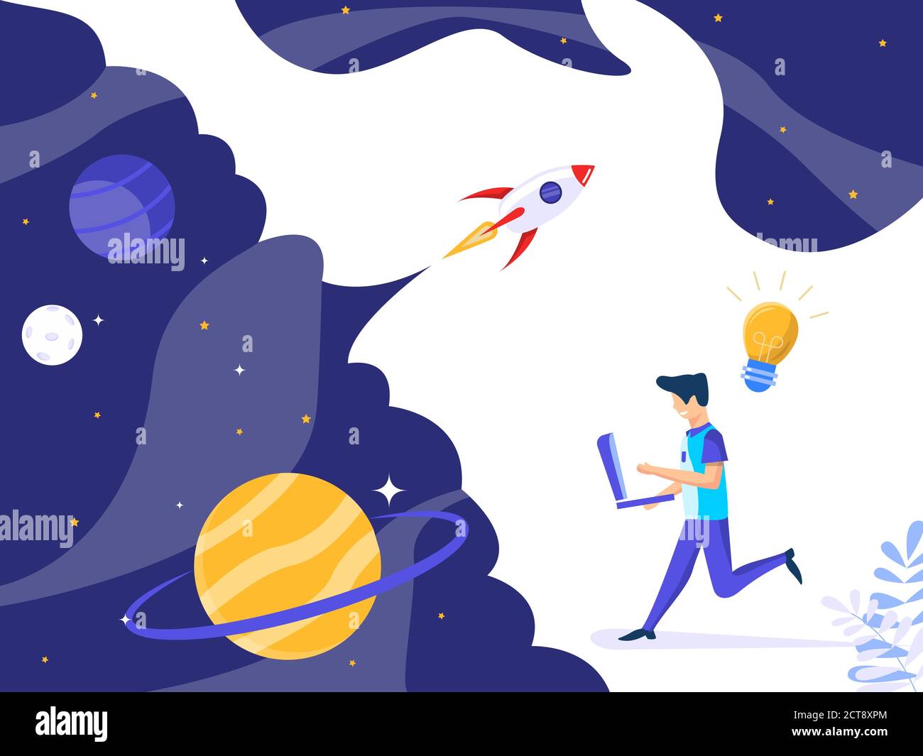 Man run carrying laptops to find ideas in a space. concept of ...