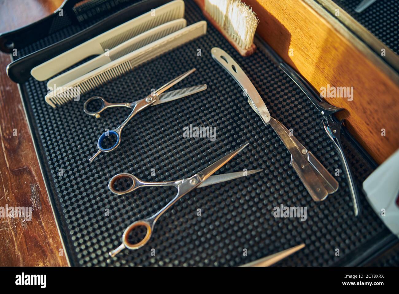 Professional hair-cutting equipment ready for a new client Stock Photo ...