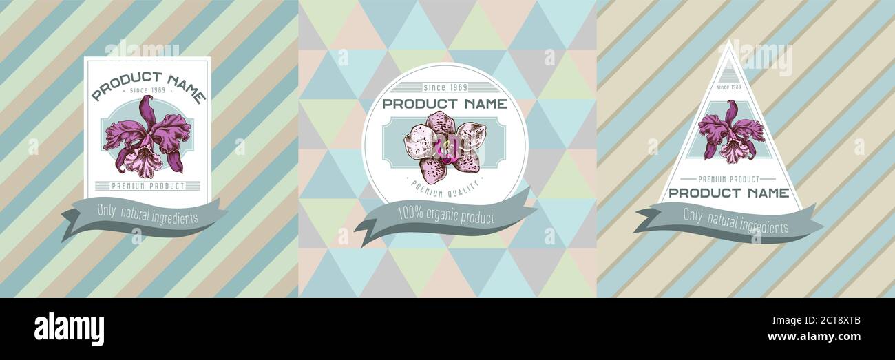 Three colored labels with illustration of orchid Stock Vector Image ...