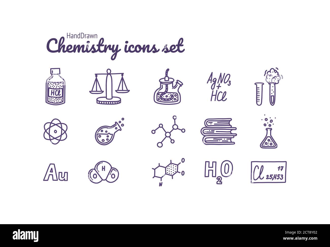 Chemistry icons set. Hand drawn chemical pictograms. Test tubes ...