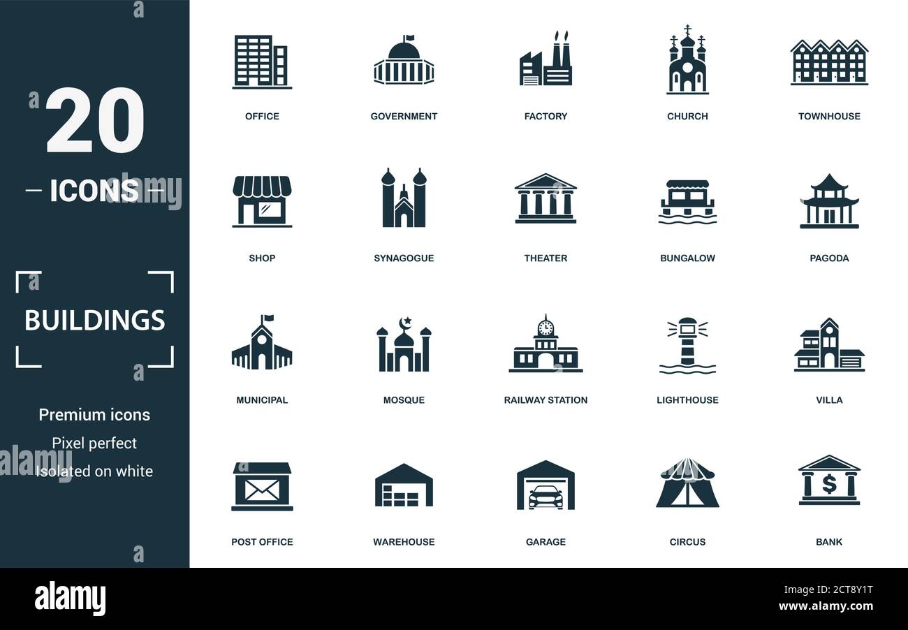 Buildings icon set. Monochrome sign collection with office, government ...