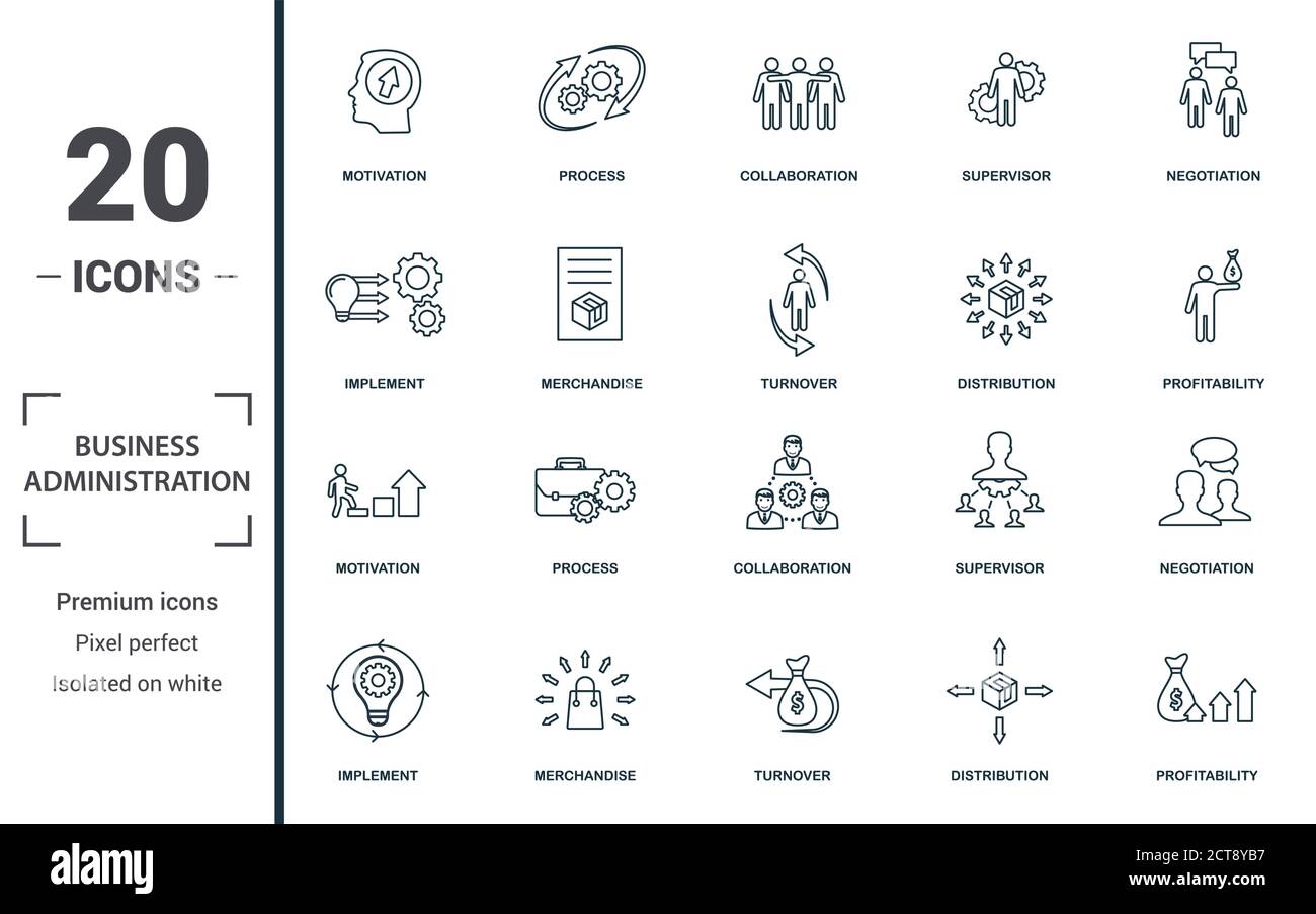Business Administration icon set. Monochrome sign collection with motivation, process ...