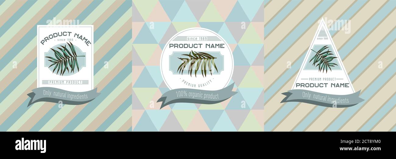 Three colored labels with illustration of tropical palm leaves Stock ...