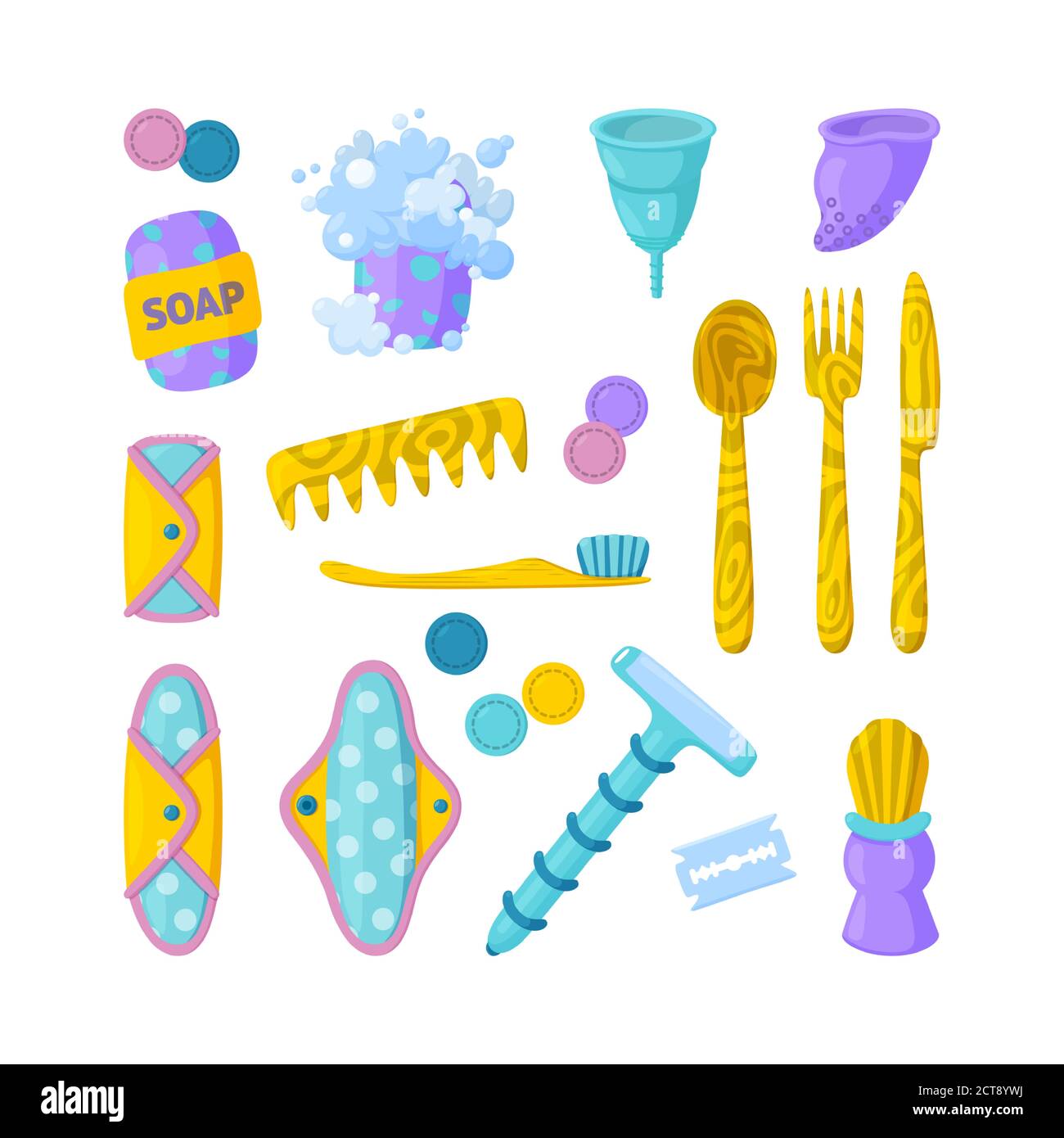 Set of reusable items. Go green and zero waste. Vector illustration in ...