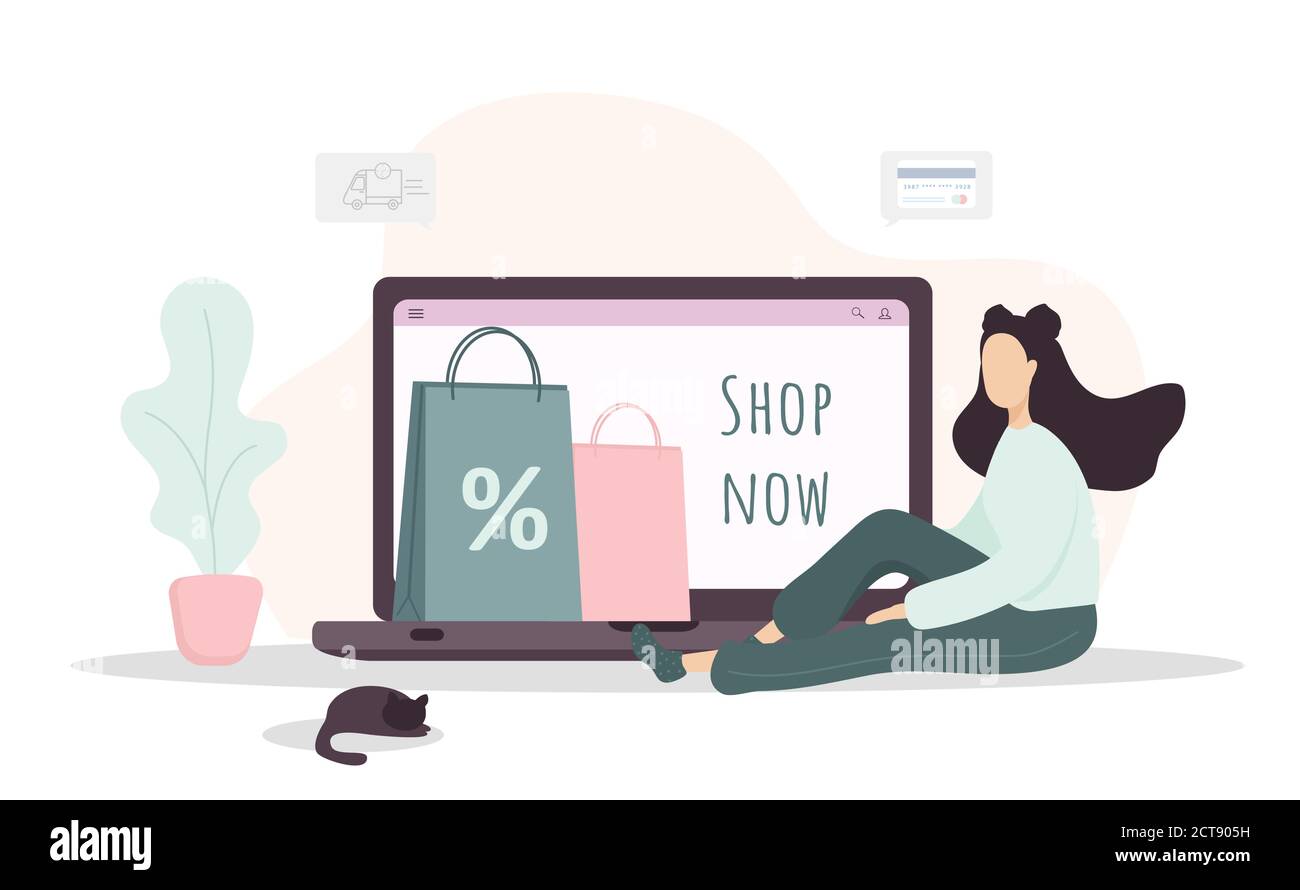 Woman shopping. Happy girl shop at an online store. Vector cartoon ...