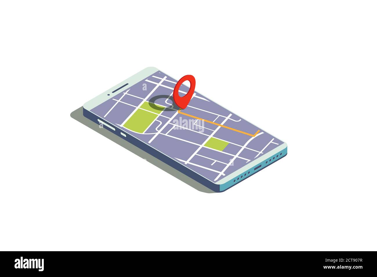 GPS map on phone screen. Isometric mobile phone with map and route ...