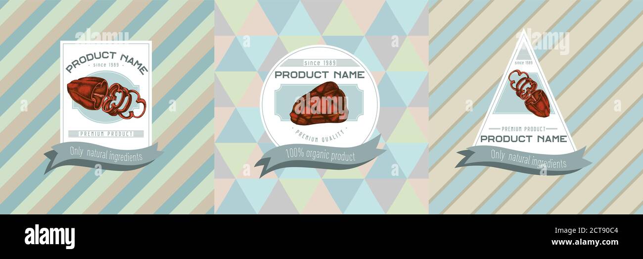 Three colored labels with illustration of grilled bell pepper Stock ...