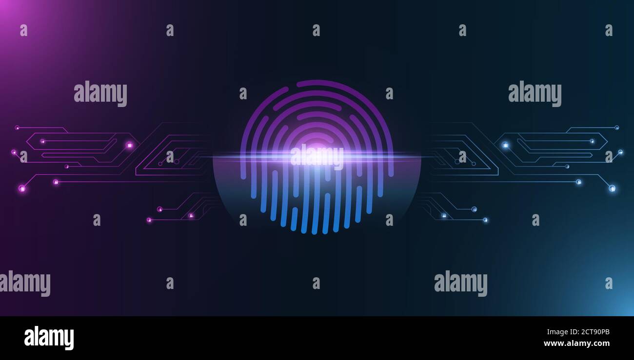 Fingerprint for computer system security with neon scan. Futuristic purple and blue padlock ...