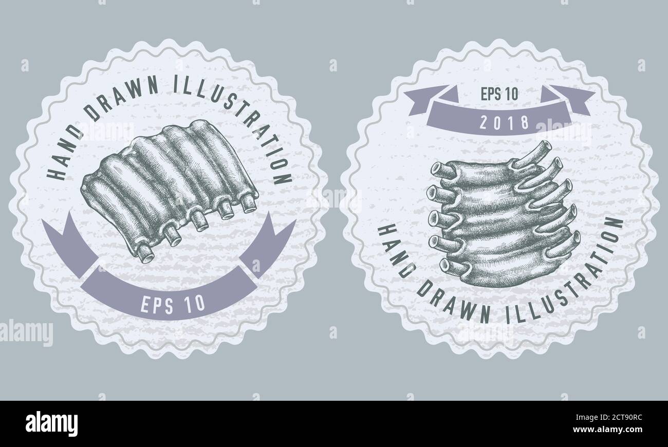 Monochrome labels design with illustration of Pork ribs Stock Vector ...