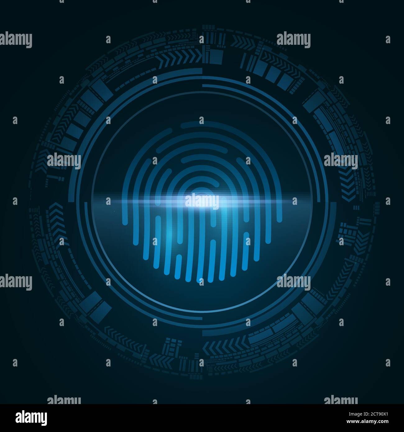Fingerprint for computer system security with neon scan. Futuristic blue padlock button with HUD ...