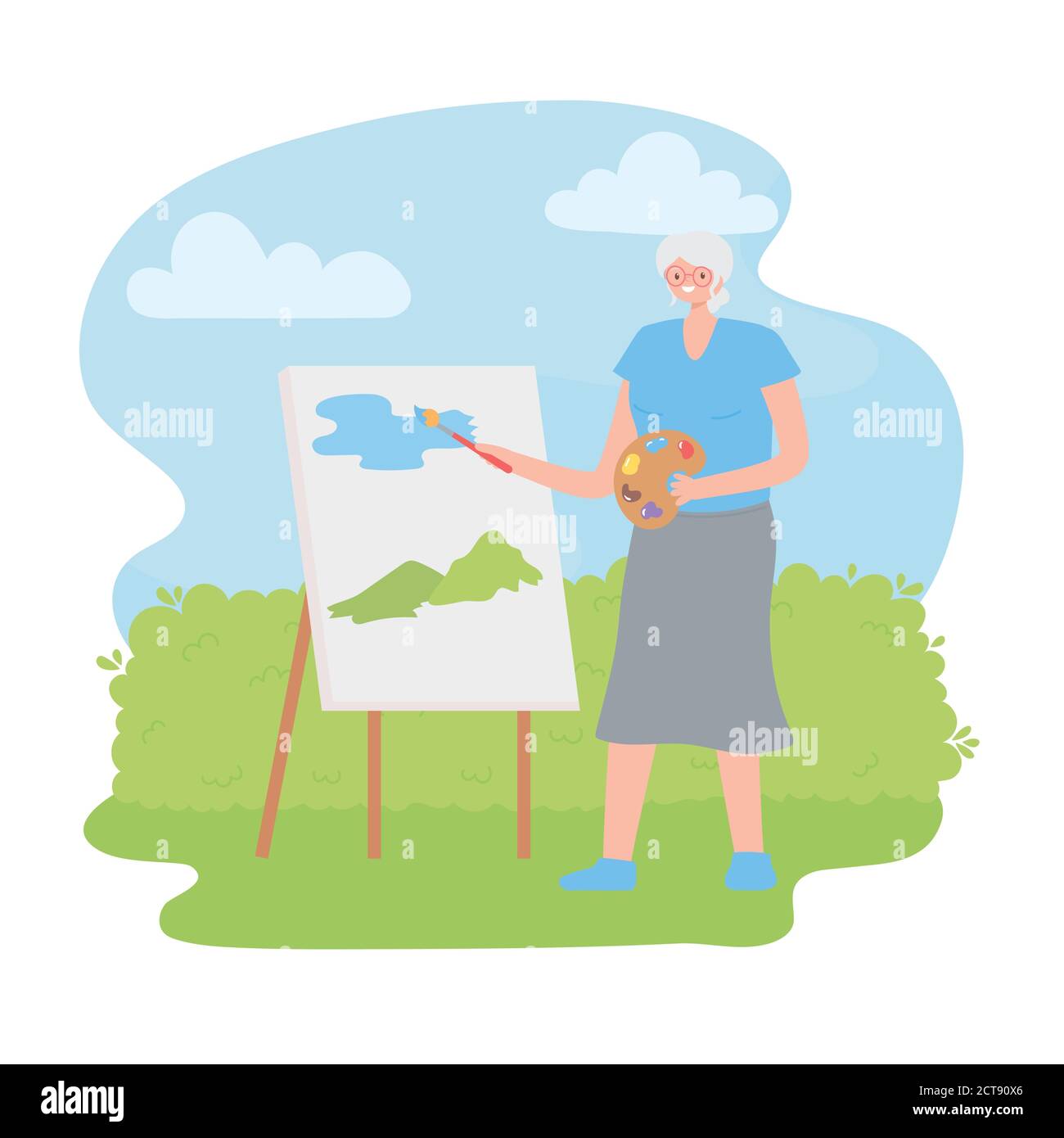 activity seniors, old woman drawing painting on canvas watercolor in ...