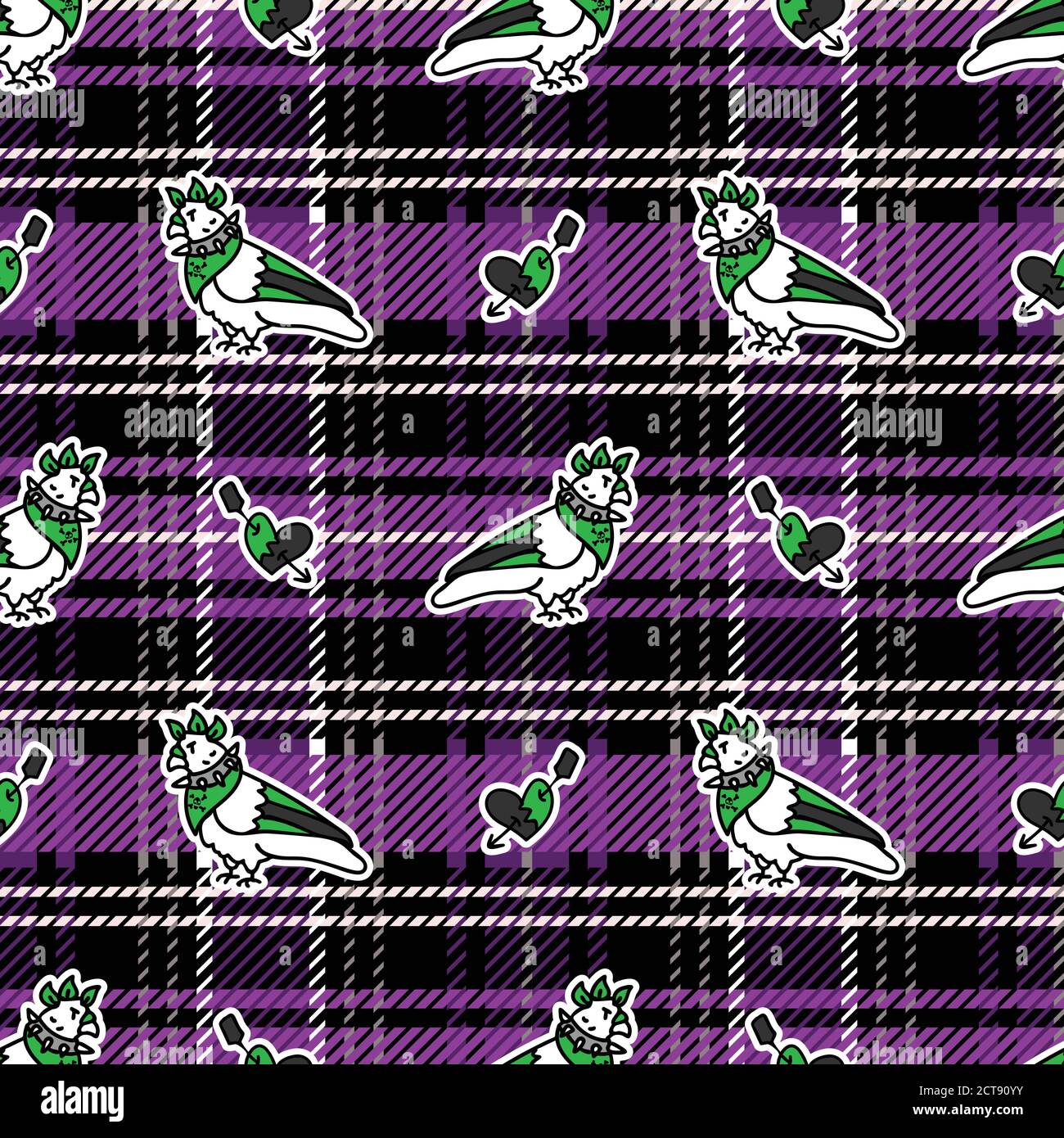 Cute punk pigeon on plaid background vector pattern. Grungy alternative ...