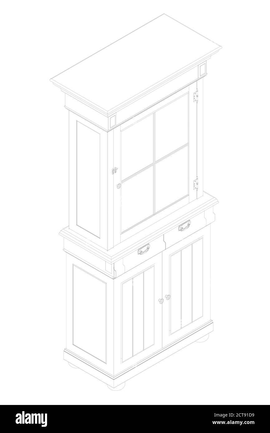 The outline of a wooden cabinet. Decorative sideboard. Isometric view ...