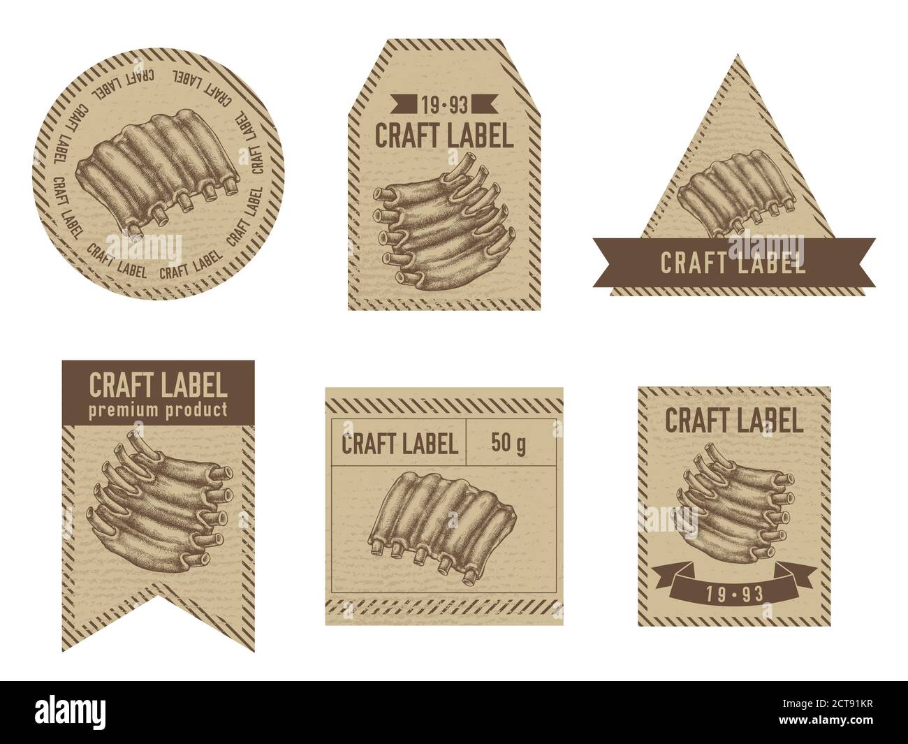 Craft labels vintage design with illustration of Pork ribs Stock Vector ...
