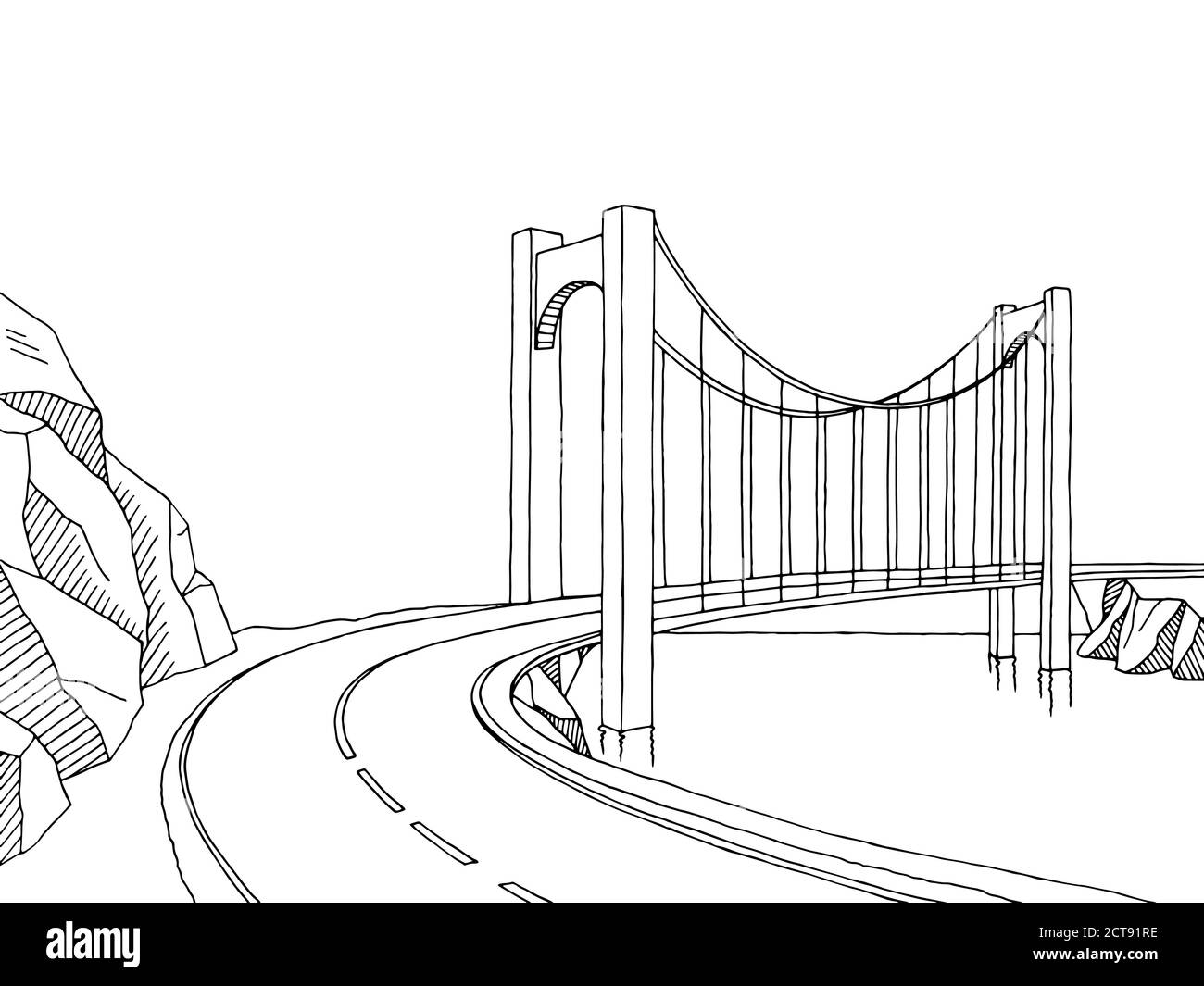Bridge graphic art black white landscape sketch illustration vector ...