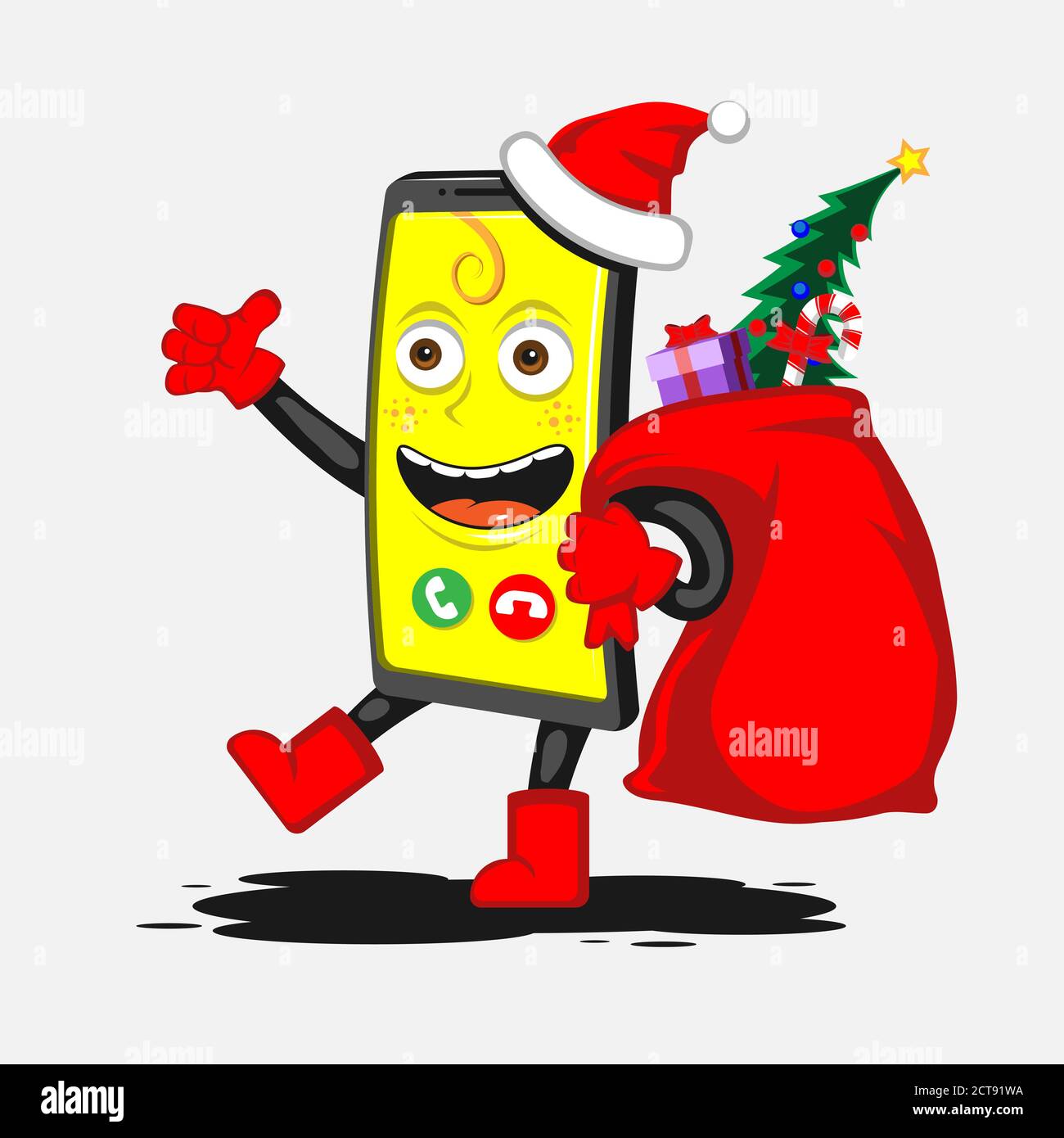Funny cartoon smartphone with a bag of new year gifts on a white ...