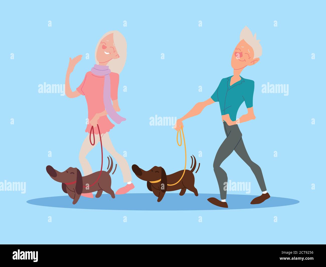 elderly couple walk their dogs, active seniors vector illustration ...