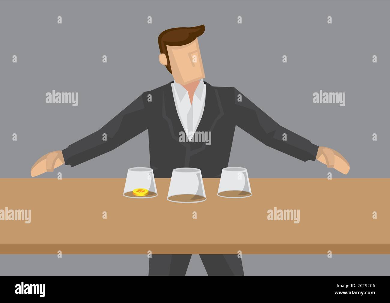 Vector illustration man standing behind table with three inverted glass ...
