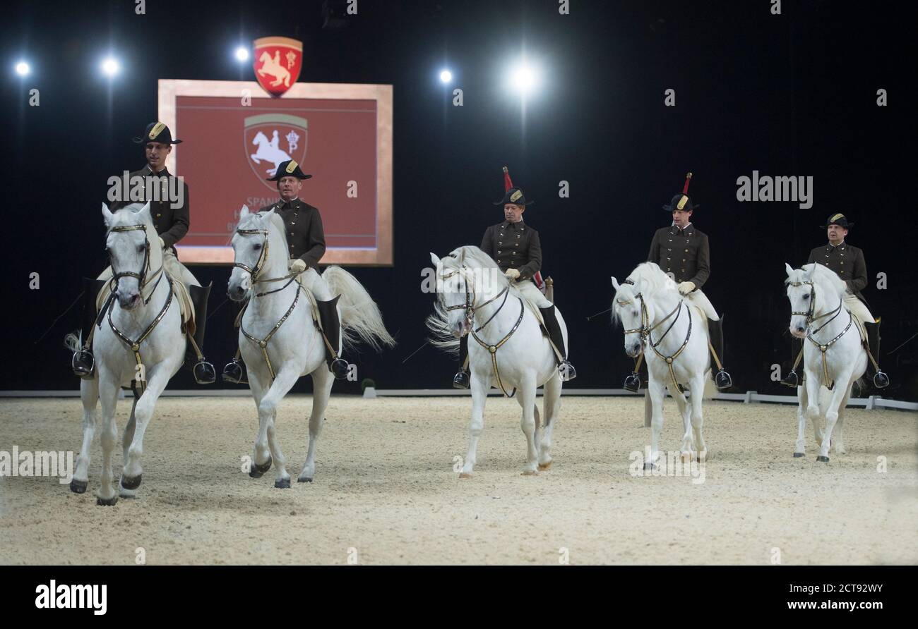 THE SPANISH RIDING SCHOOL PERFORM AT THE WEMBLEY ARENA, LONDON. PHOTO ...