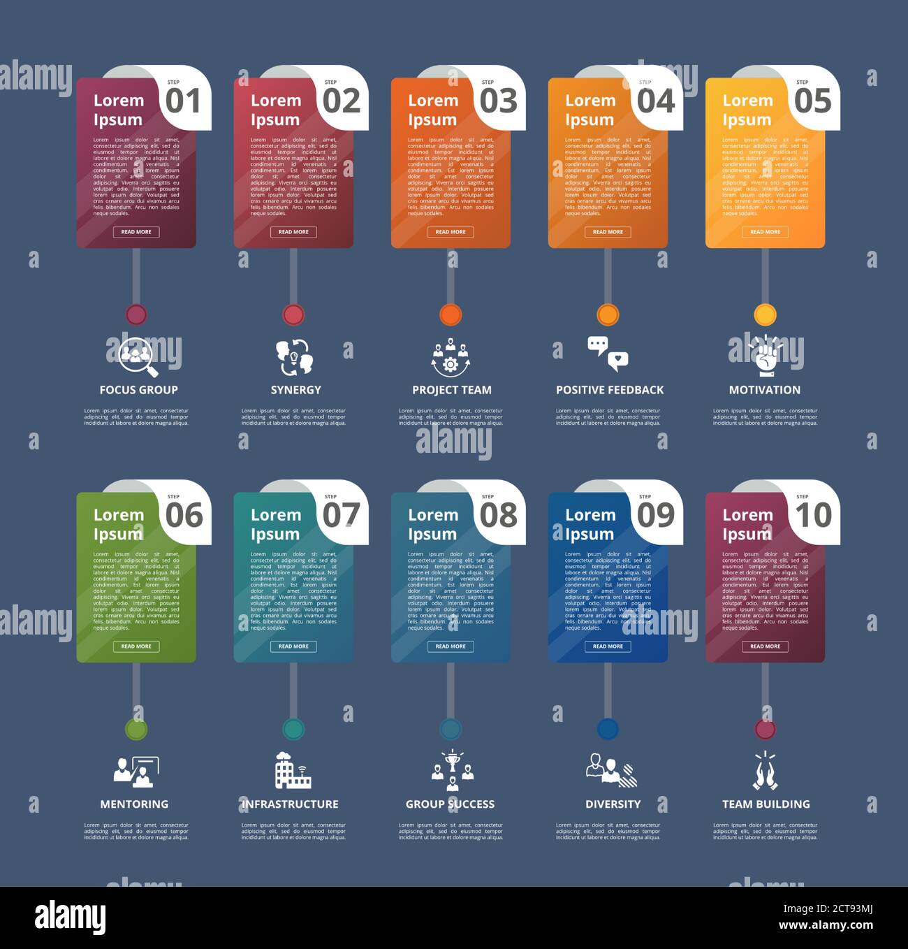 Infographic Team Building template. Icons in different colors. Include ...