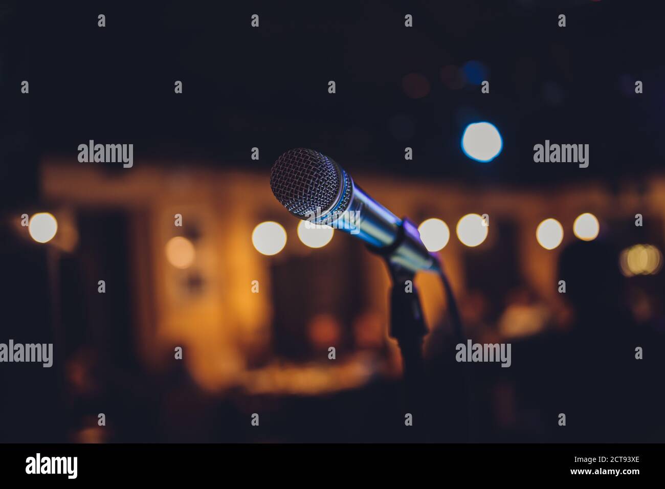Close up of microphone in concert hall or conference room Stock Photo ...