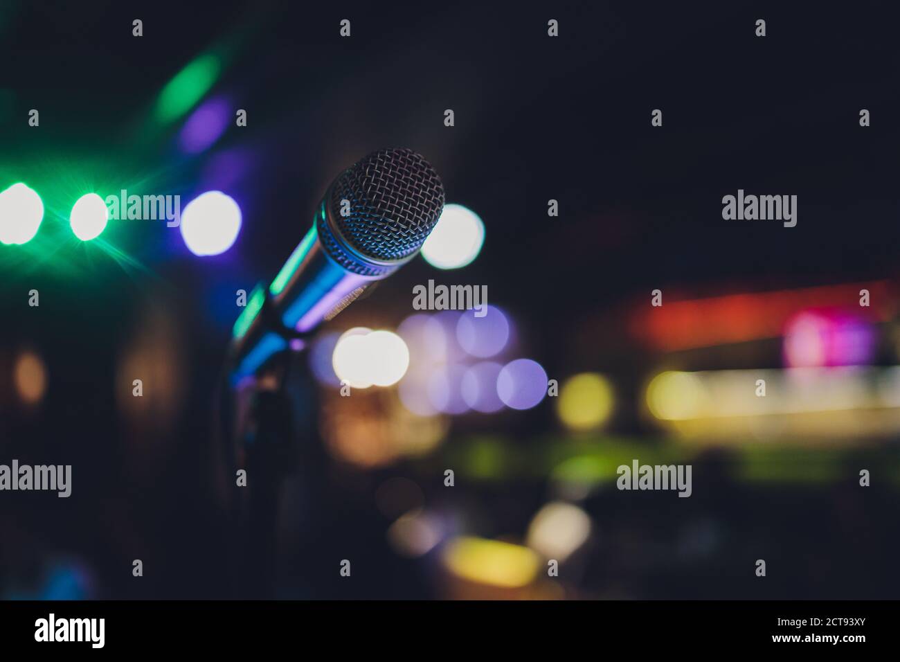 Close up of microphone in concert hall or conference room Stock Photo ...