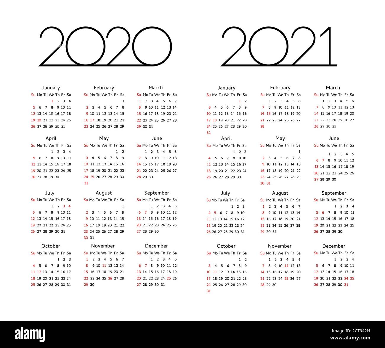 Calendar 2020 2021 year - vector illustration. Week starts on Sunday ...