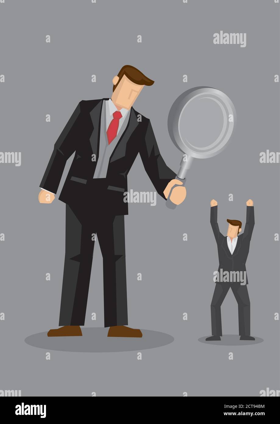 Big boss looking through magnifying glass at attention seeking white ...