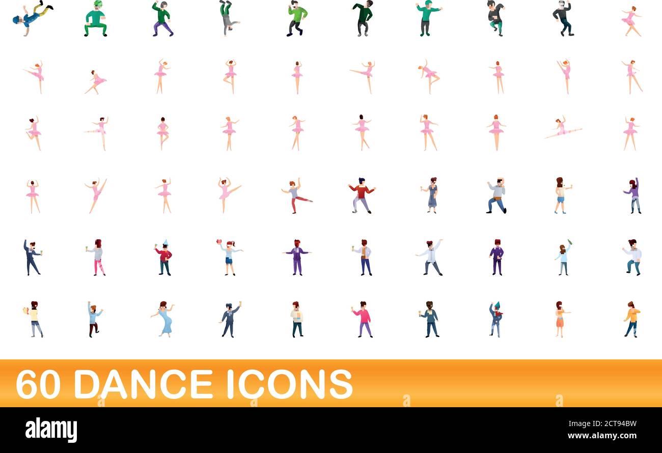 60 dance icons set. Cartoon illustration of 60 dance icons vector set ...