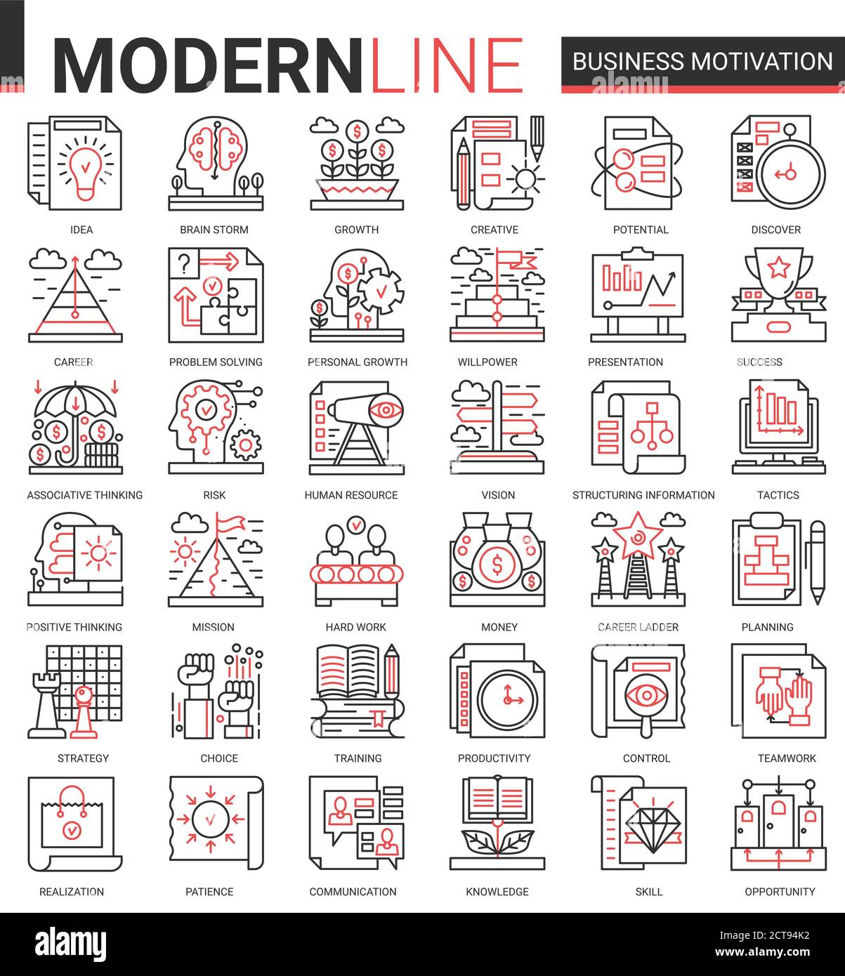 Business motivation complex concept thin red black line icon vector set ...