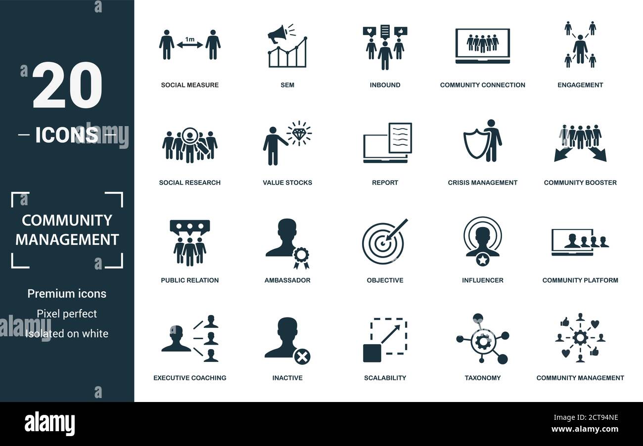 Community Management icon set. Monochrome sign collection with social ...