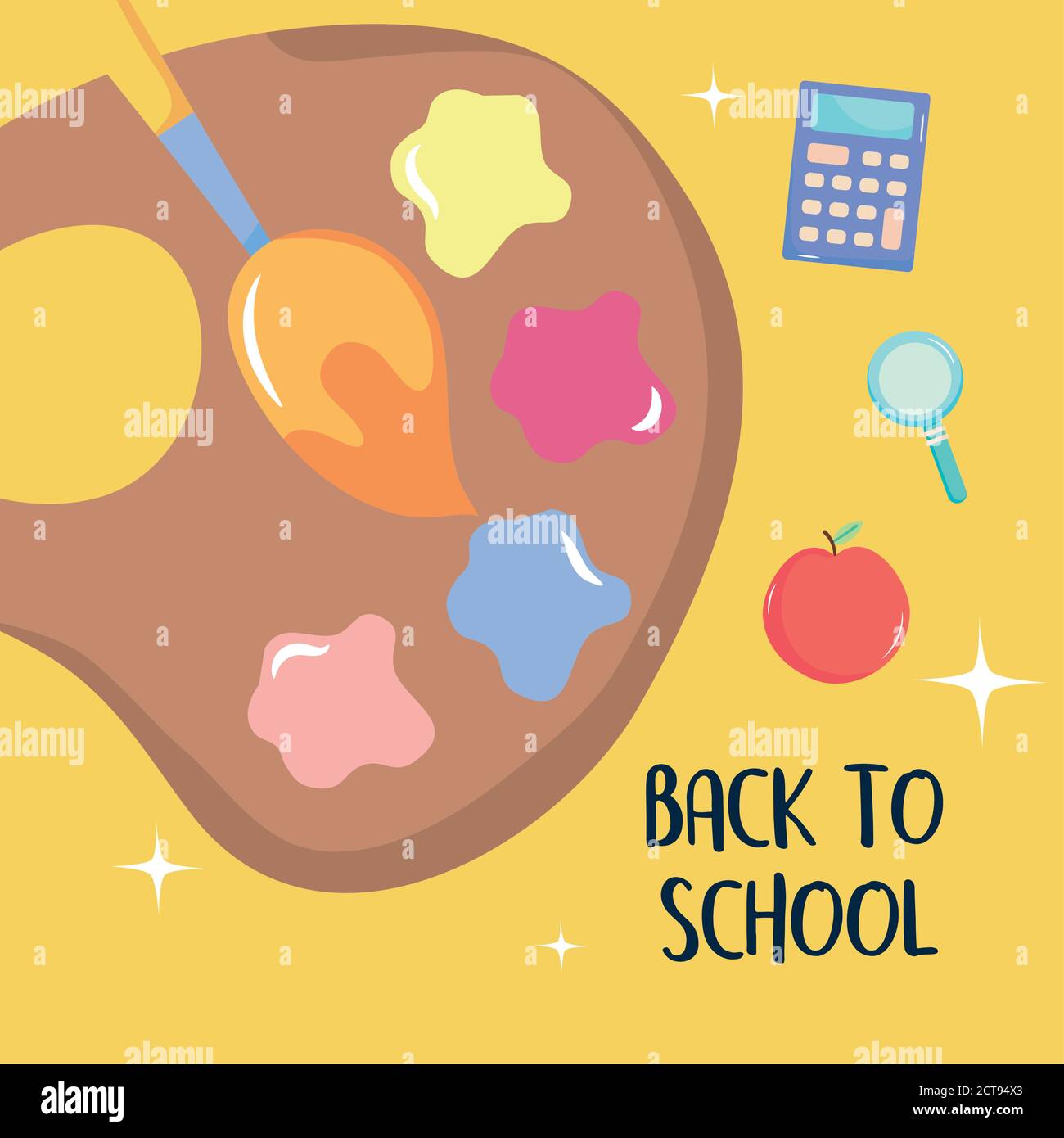 back to school design with paint palette, and related icons around over ...