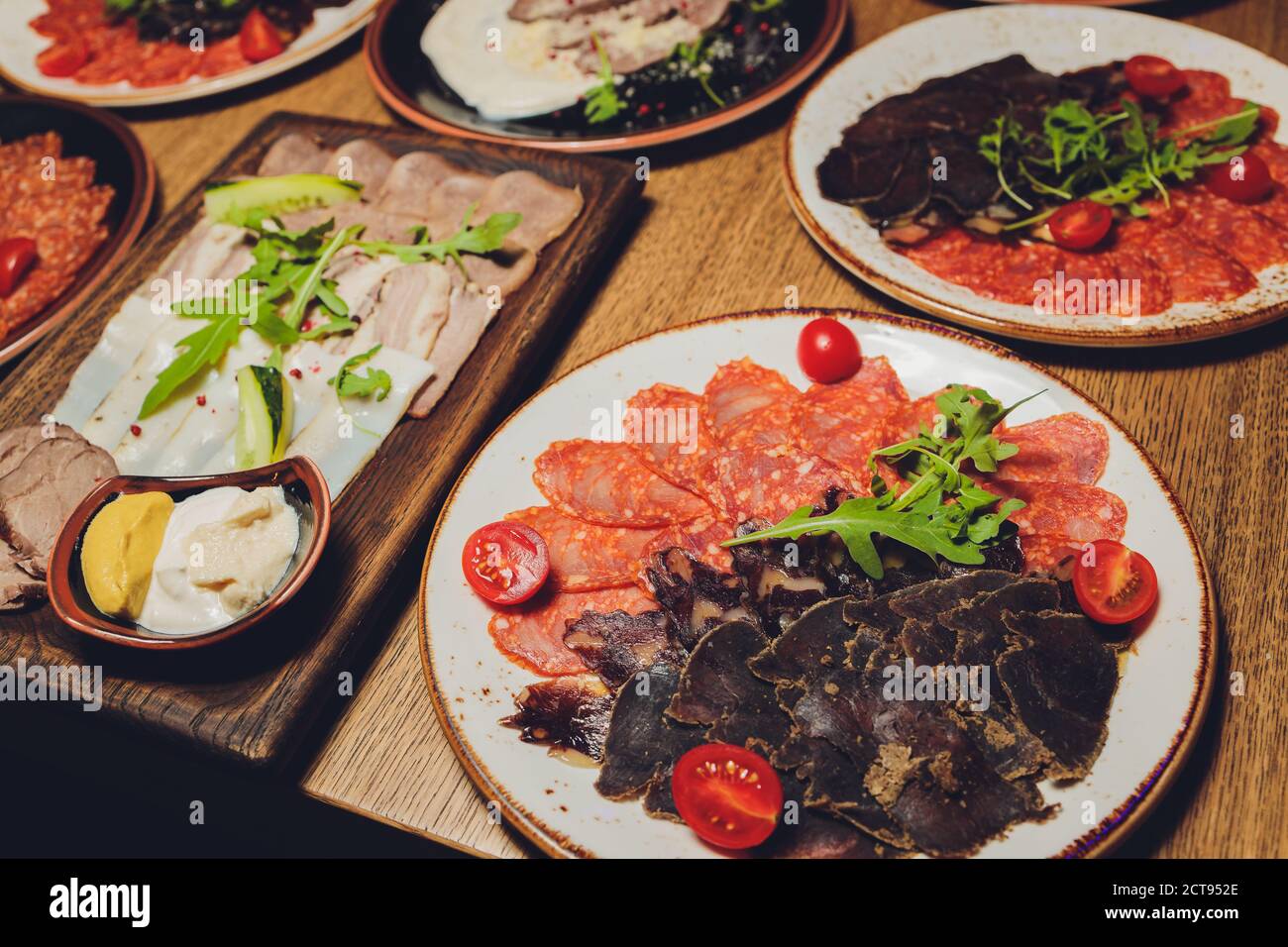 Russian appetizer for vodka. Lard and rye bread. Meat platter. Food ...