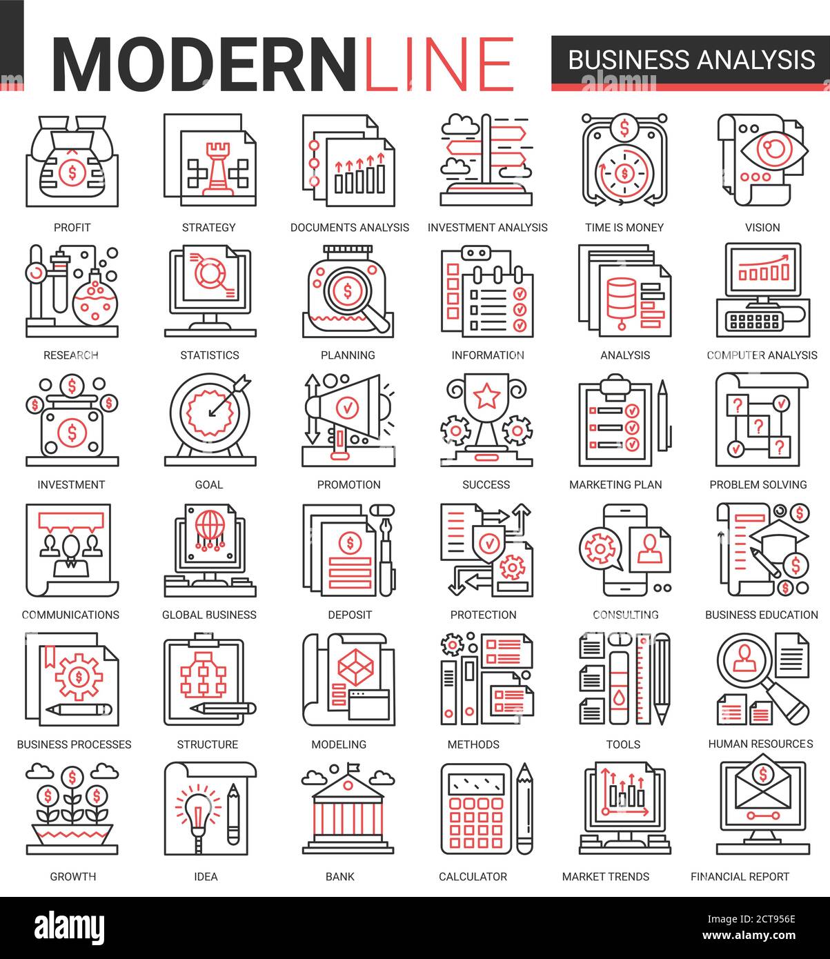 Business analytics concept complex thin red black line icons vector set ...