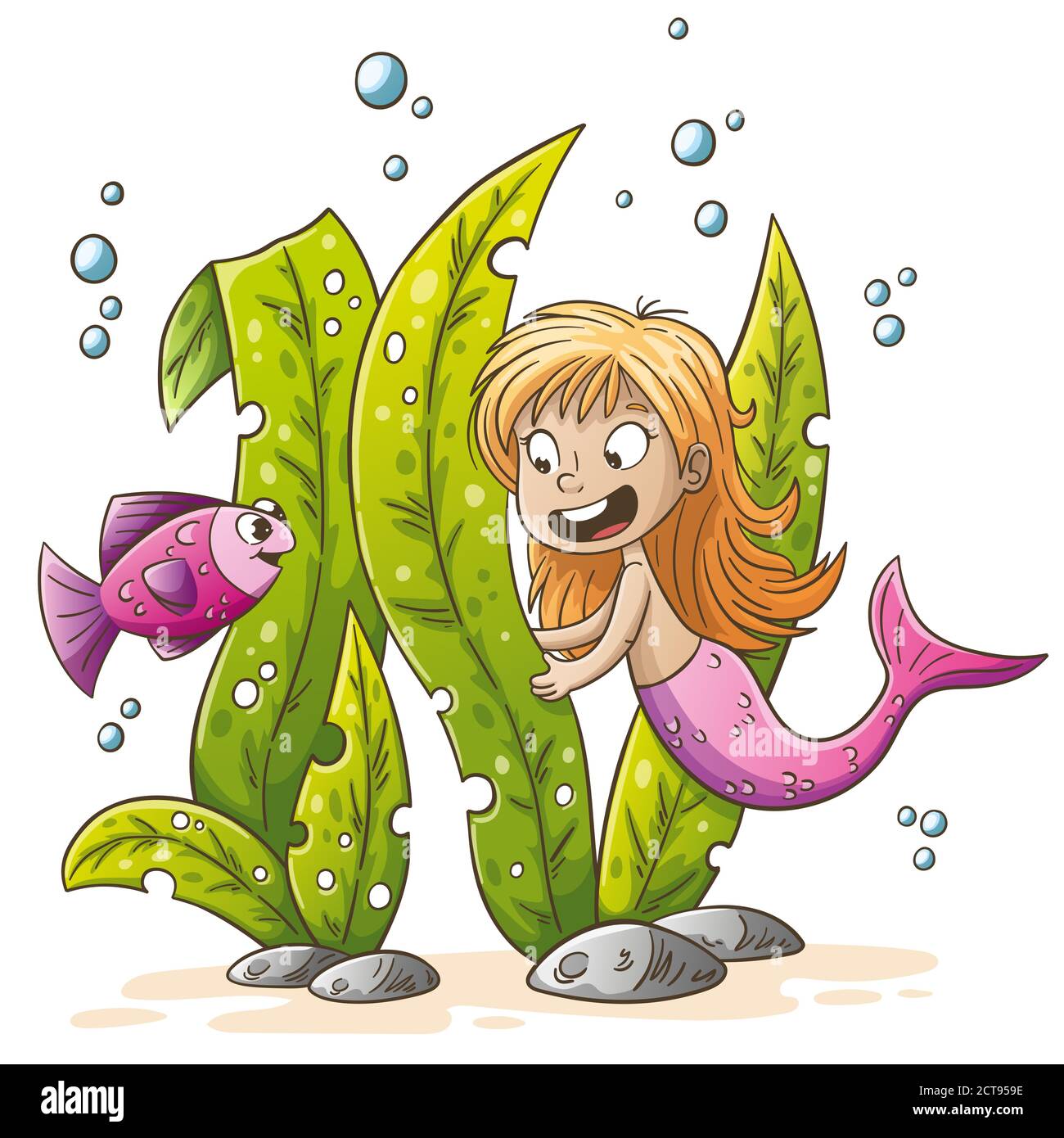 Little mermaid with fish. Hand drawn vector illustration with separate ...